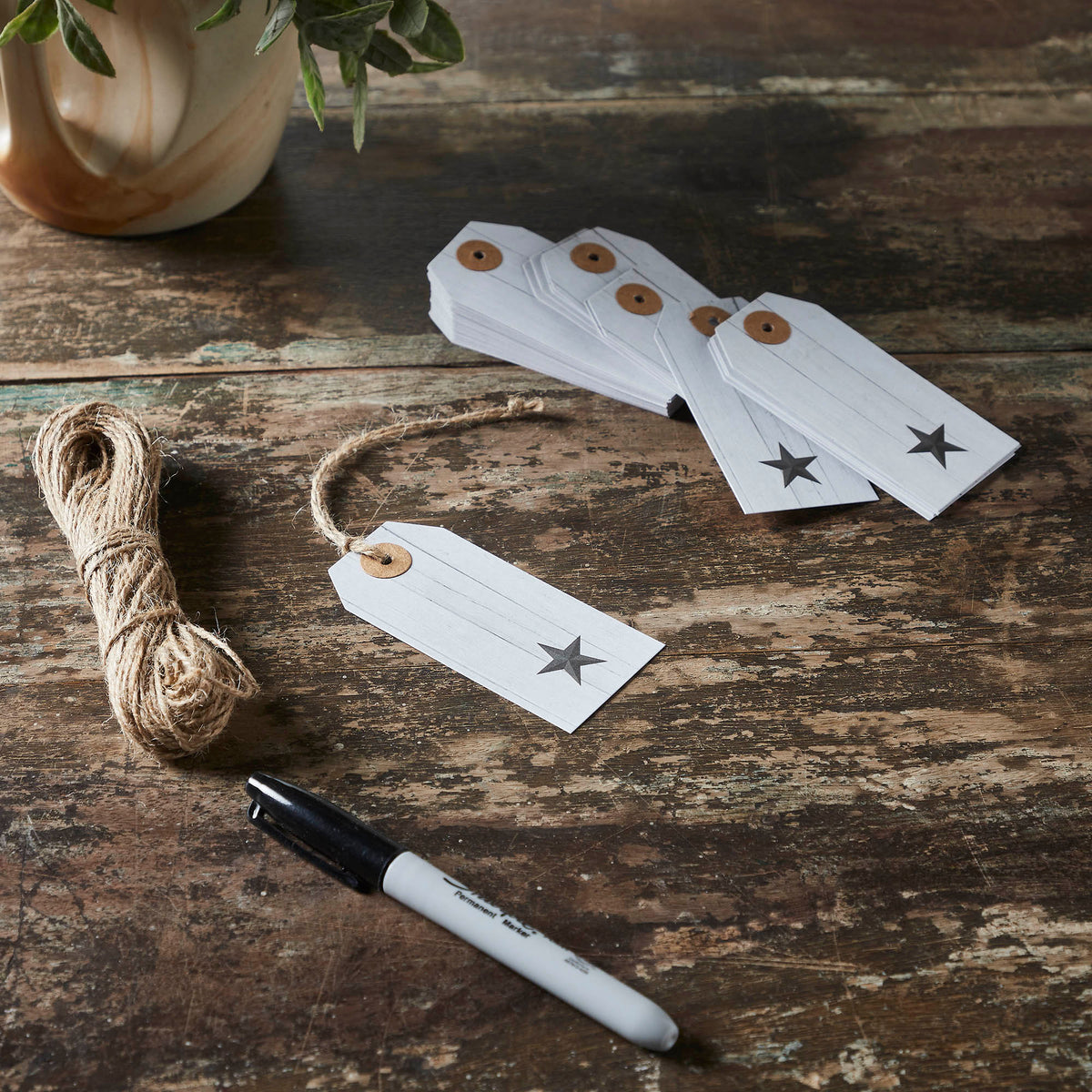 Faceted Barn Star Barnwood Paper Tag Charcoal 3.75x1.75 w/ Twine Set o ...