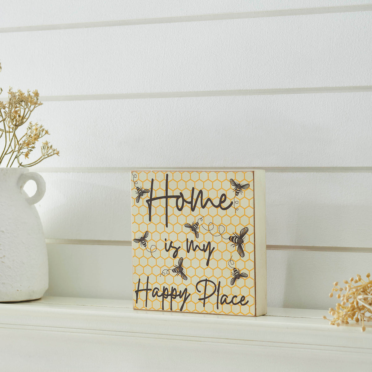 Buzzy Bees Home Is My Happy Place MDF Block Sign 6x6x1 – VHC Brands Home Decor