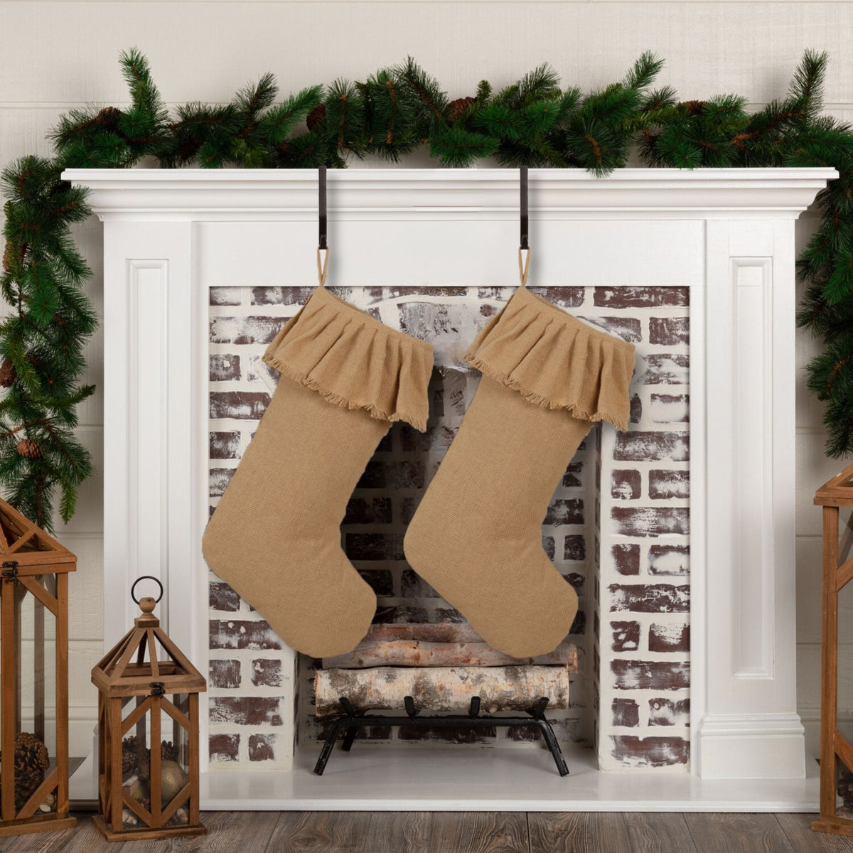 Festive Natural Burlap Ruffled Stocking Set of 2 11x20 – VHC Brands ...