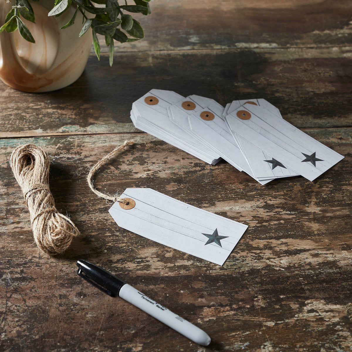 Faceted Barn Star Barnwood Paper Tag Charcoal 4.75x2.25 w/ Twine Set o ...