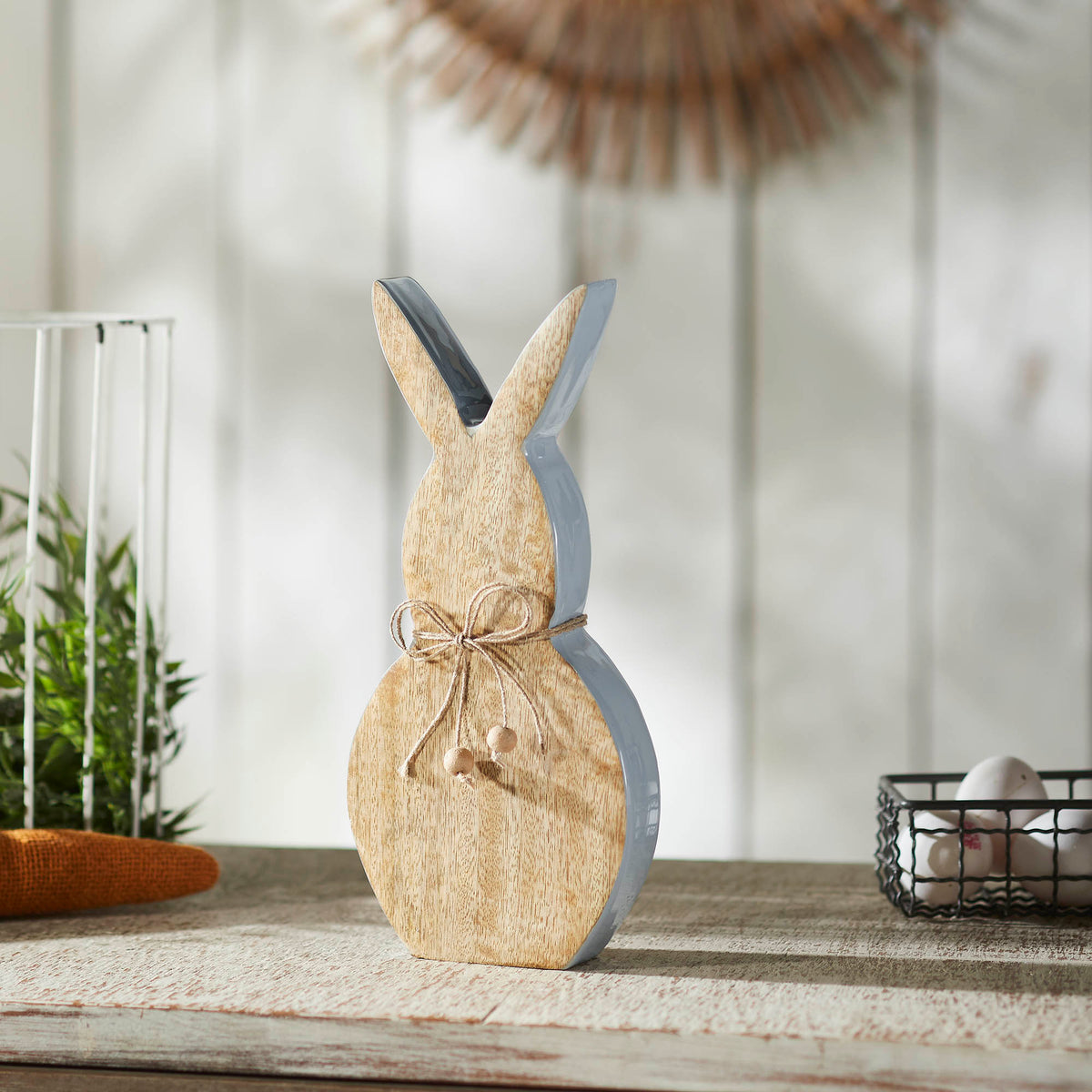Spring In Bloom Wooden Enamel Edge Bunny w/ Natural Beads 8.5x4x1.5 ...