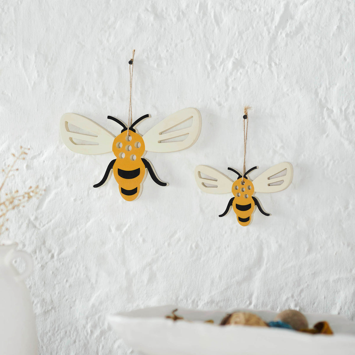 Buzzy Bees Bee Shaped MDF Wall Hanging w/ Twine Set of 2 Sizes – VHC ...