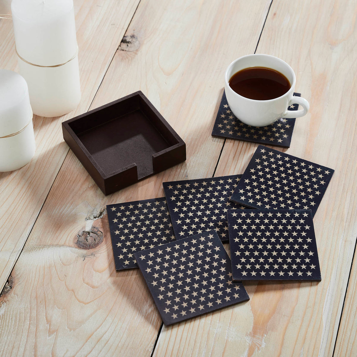White Stars On Navy MDF Coaster w/ Container Set of 6 4x4 – VHC Brands ...