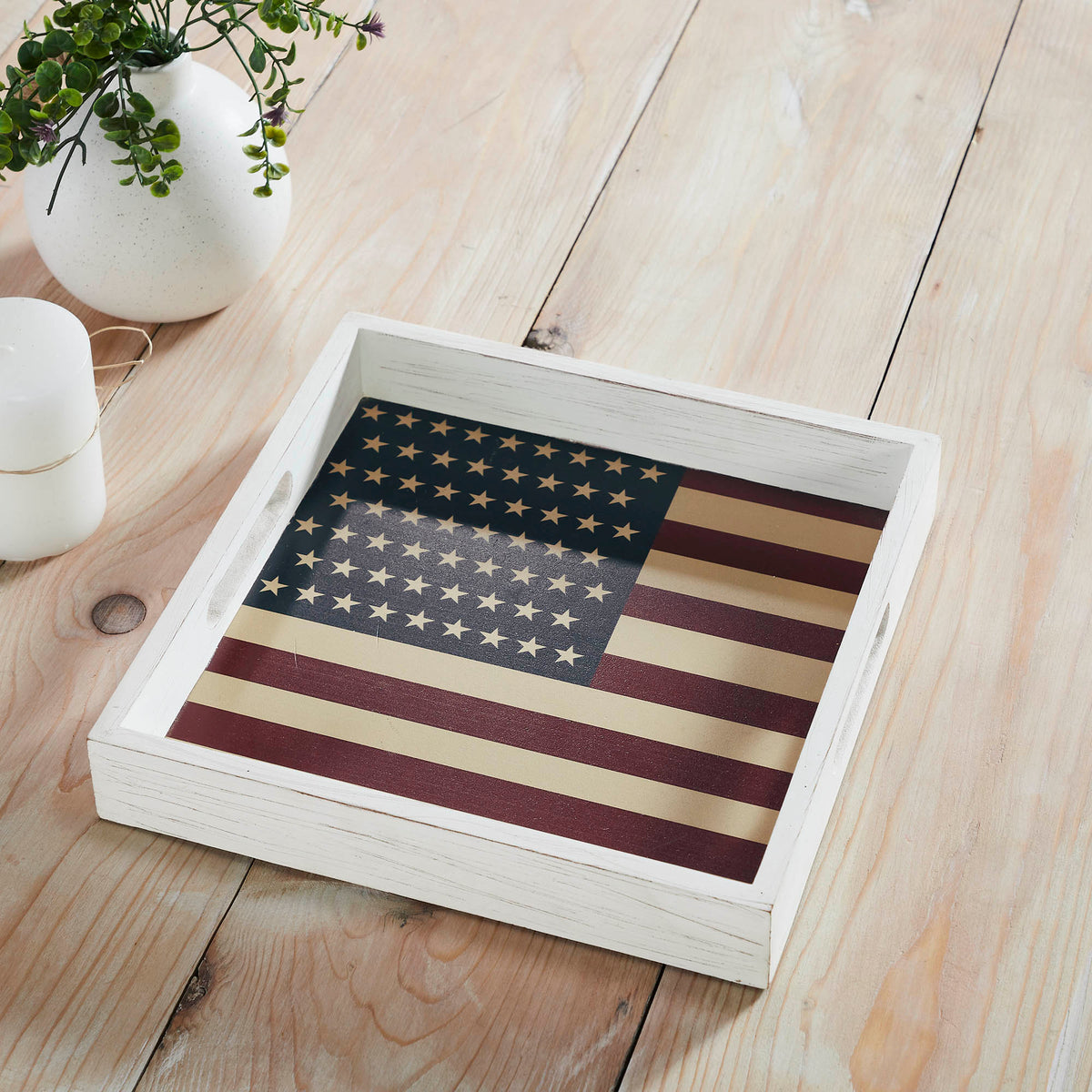 Vintage USA Flag White MDF Decorative Tray 12x12x2 – VHC Brands Home Decor