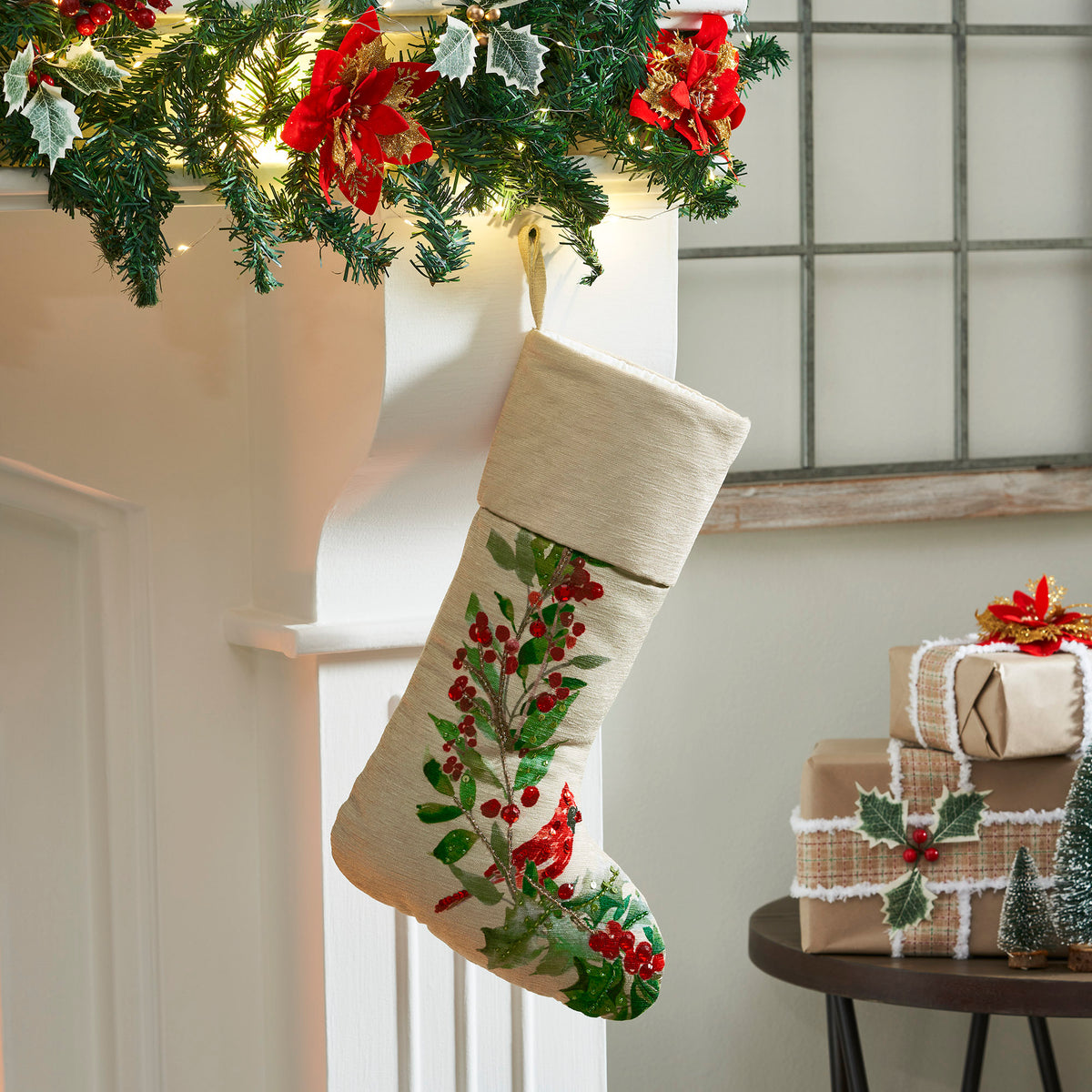 Cardinal Holly Stocking 11x18 – VHC Brands Home Decor