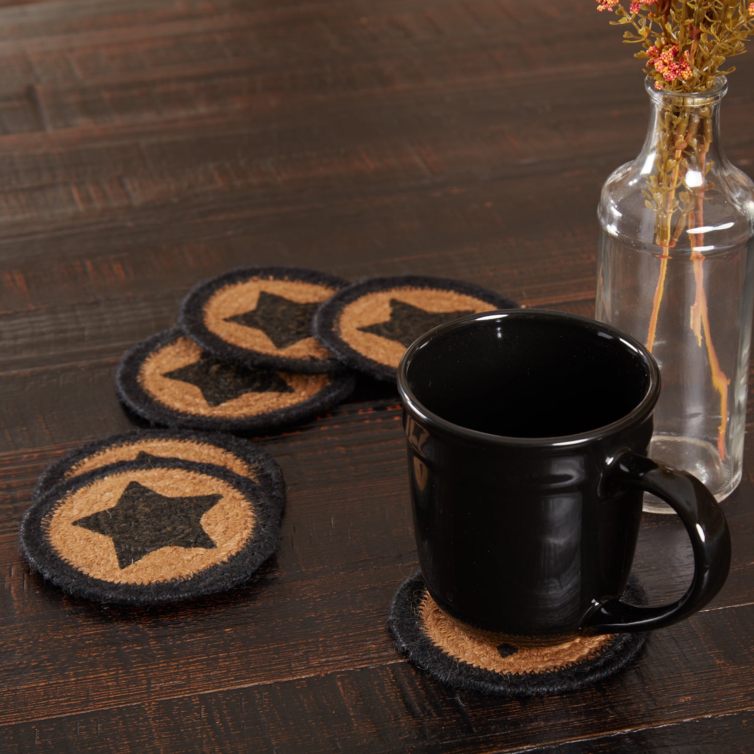 Primitive Coaster 4 inch Set of 6 Jute Farmhouse Stars Black Table Dec ...