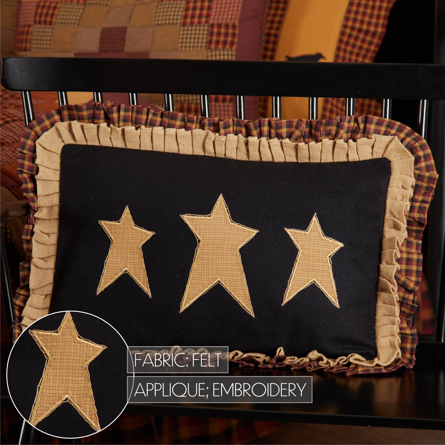 Primitive Throw Pillow 14x22 Heritage Farms Stars Appliqued Black Yell ...