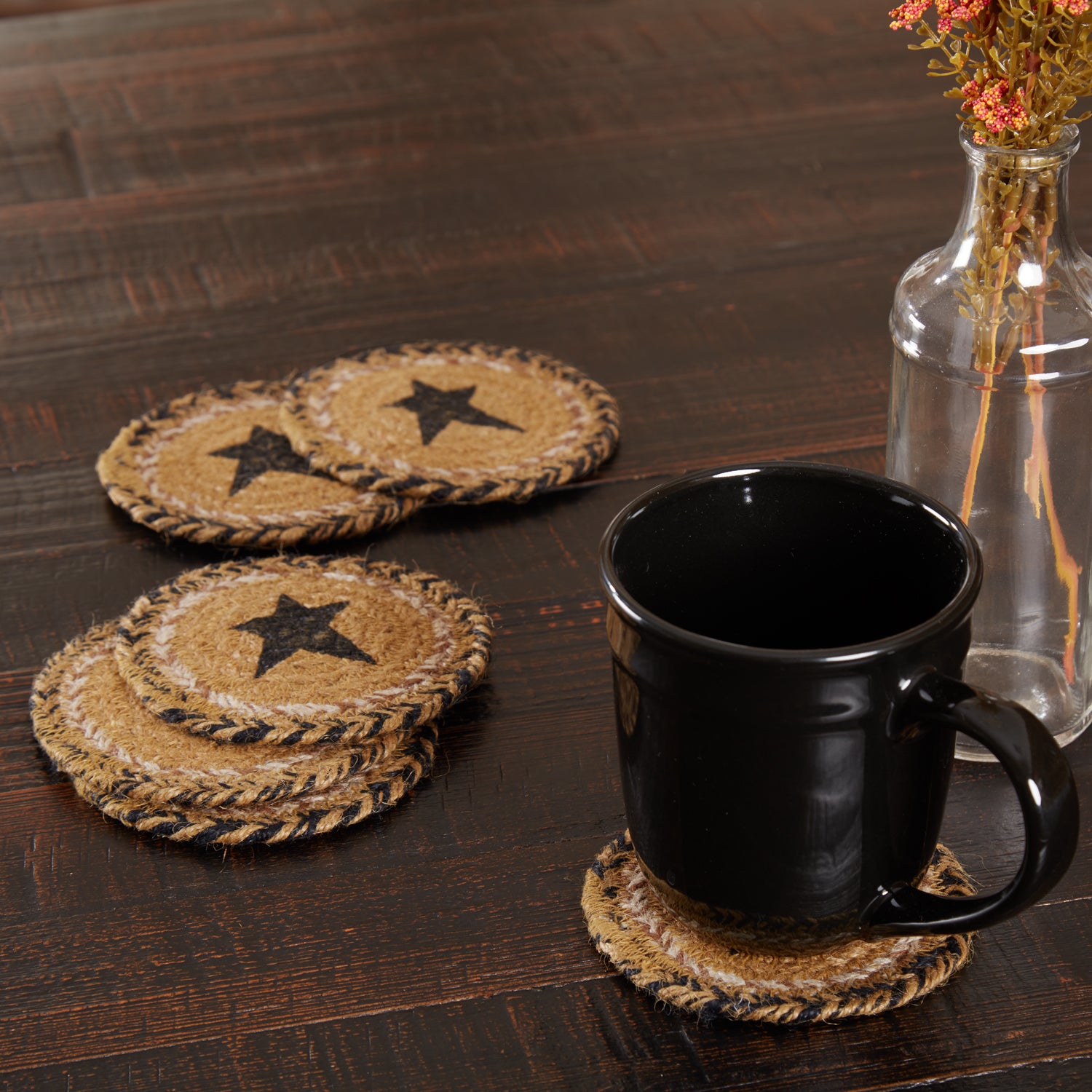 Primitive Coaster 4 inch Set of 6 Kettle Grove Stars Jute Black Brown ...