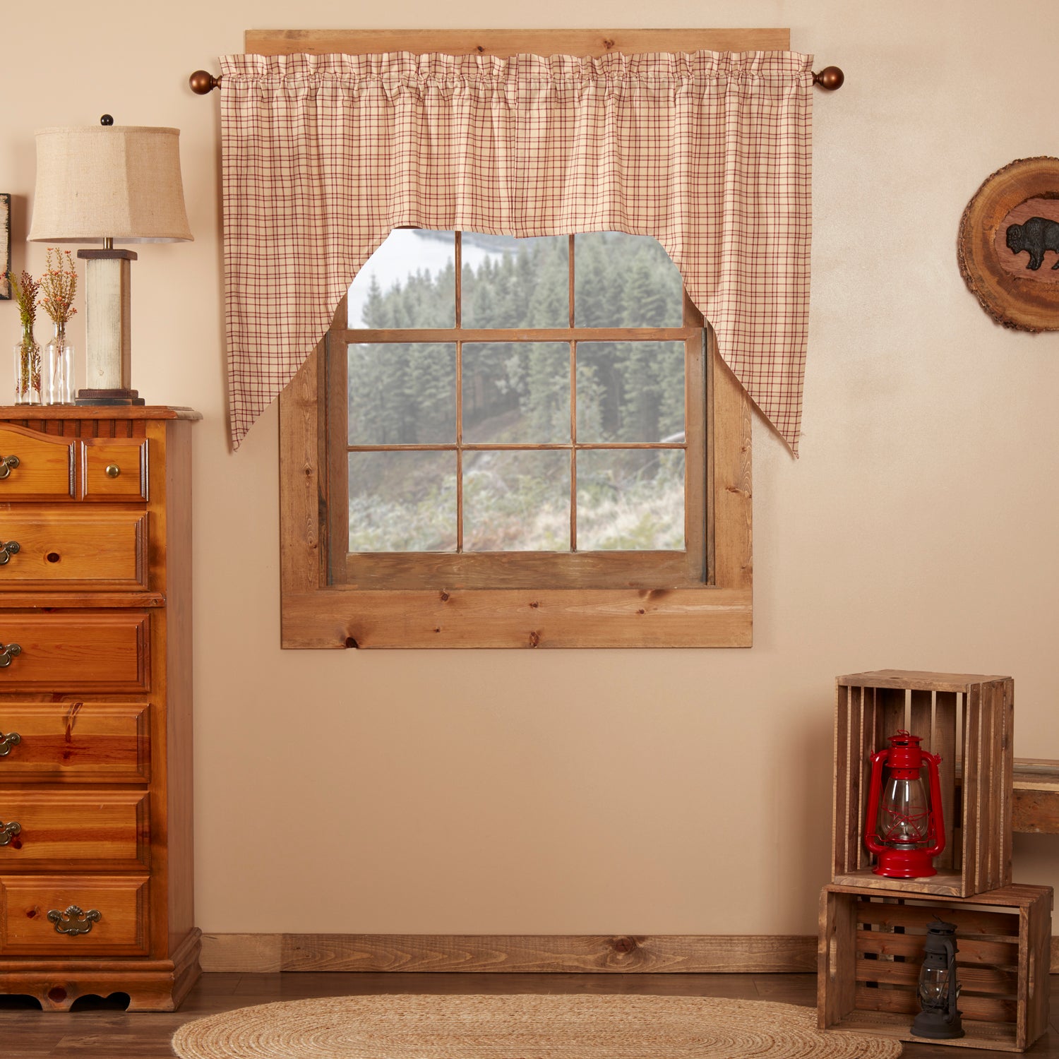 Rustic Swag Set Tacoma Plaid Creme Red Green Country Kitchen Curtains ...