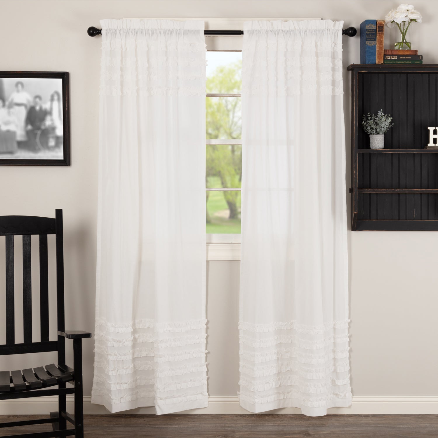 Farmhouse Panel Pair White Ruffled Sheer Petticoat Window Curtains VHC ...