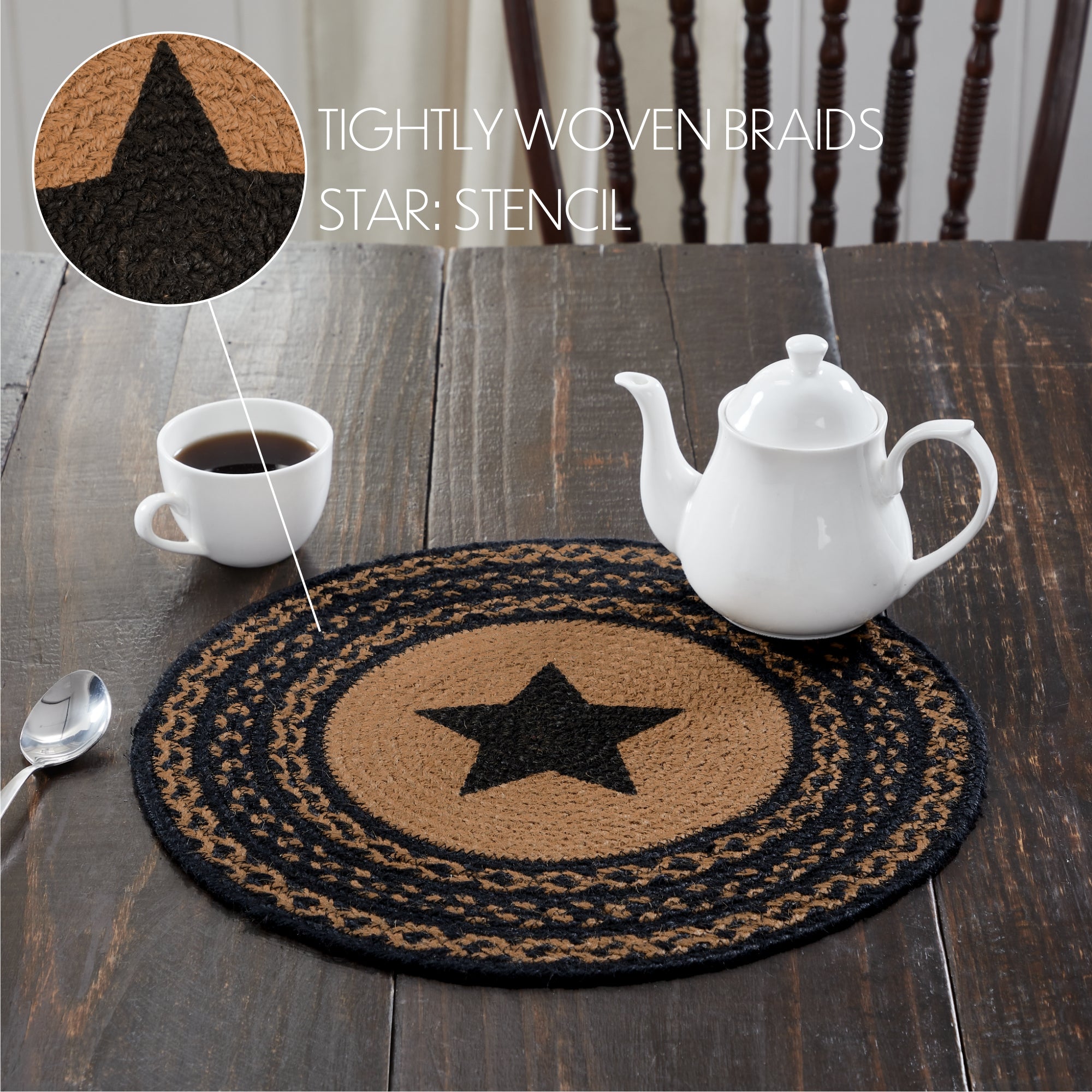 Trivet Farmhouse Jute Primitive Star Black Braided Table Decor VHC Bra ...